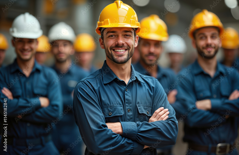 Smiling factory workers stand together in group. Wear safety helmets ...