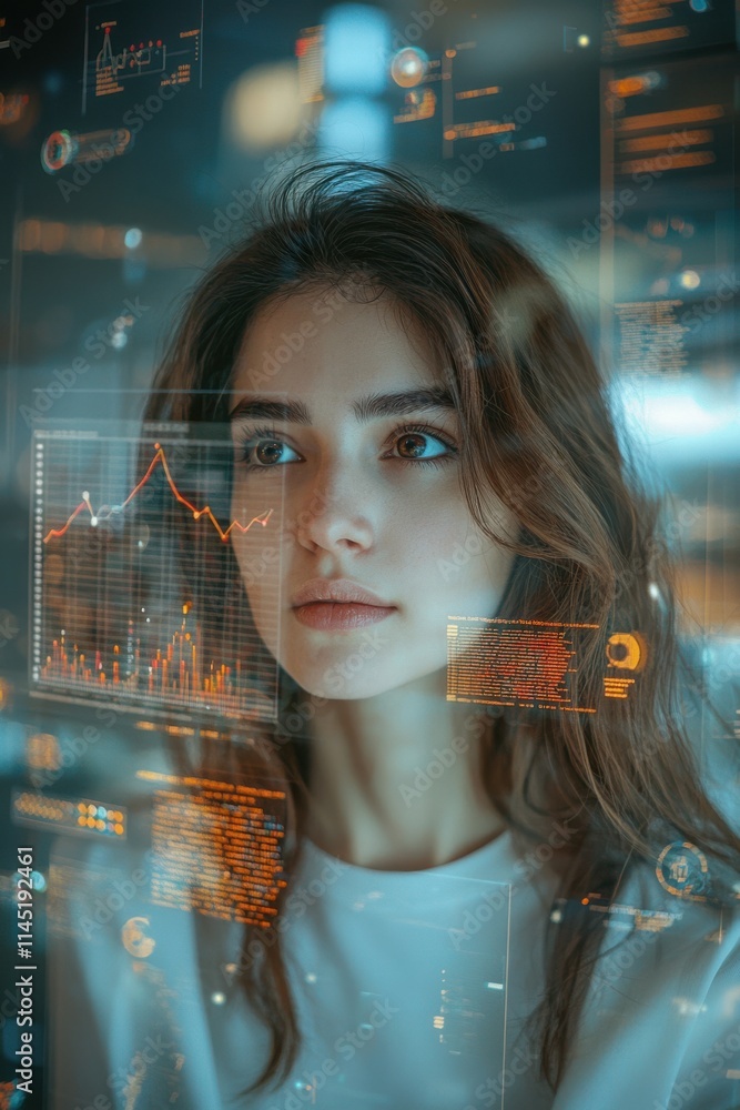 Young woman analyzing data with digital graphs and metrics displayed in a futuristic interface ...