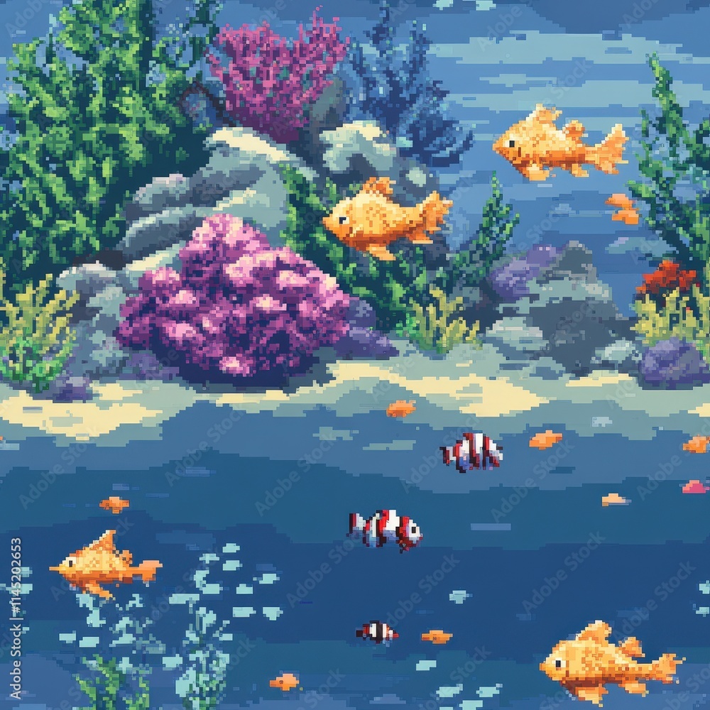 A vibrant pixel art scene featuring golden fish, lush corals, and ...