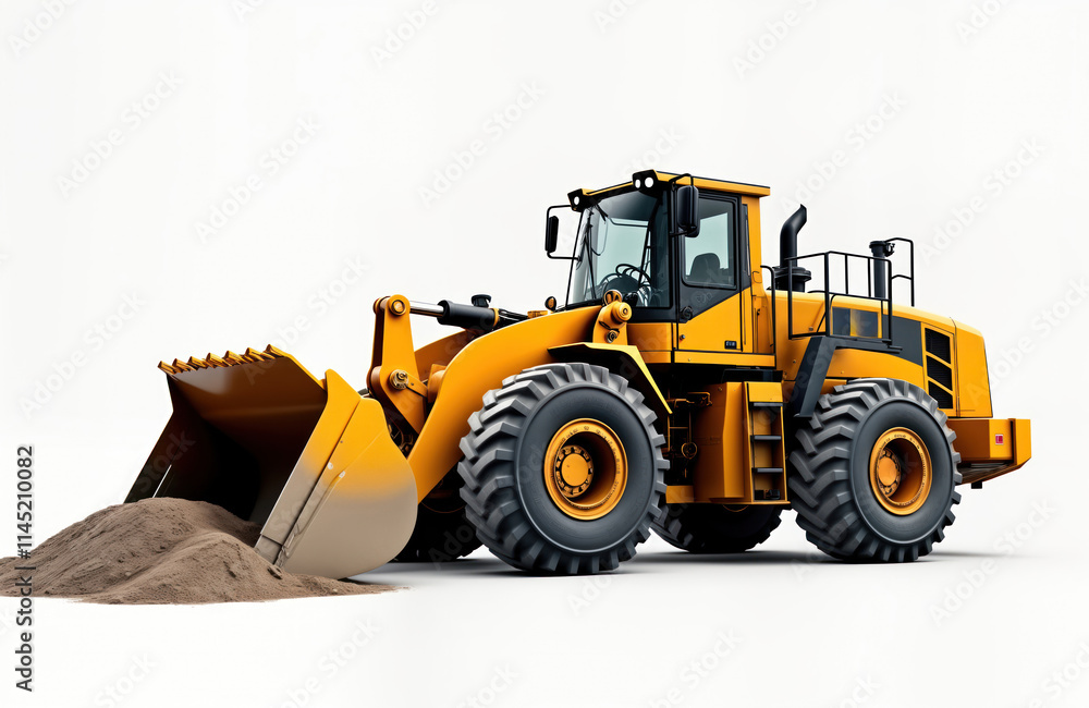 Heavy duty yellow front loader stands on white background. Large bucket ...