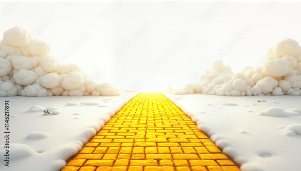 Yellow brick road stretches through snowy landscape. Fluffy white ...
