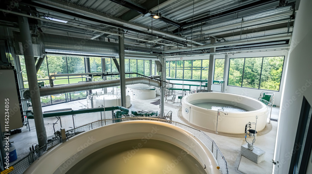 Aquaculture facility with large tanks containing various species of ...