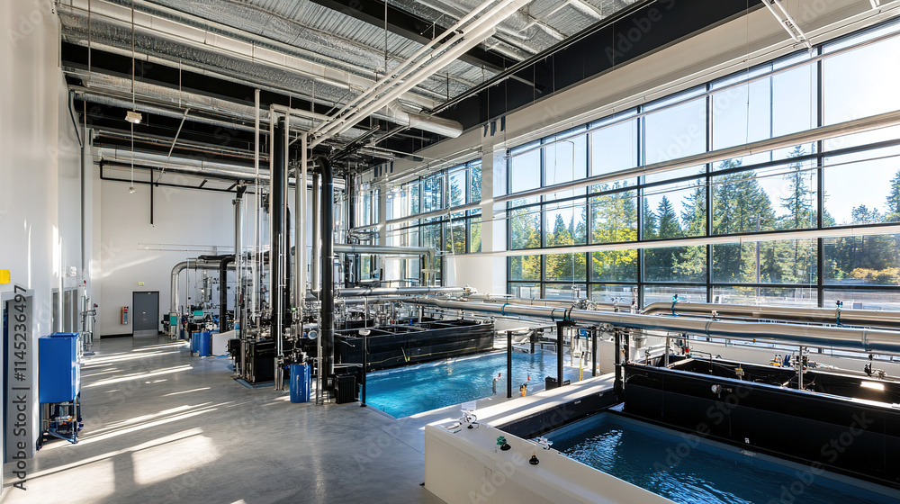 Aquaculture facility with large tanks containing various species of ...