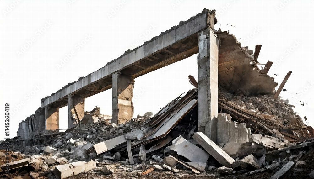 Wrecked Building Panorama with Concrete Debris and Huge Beam on ...