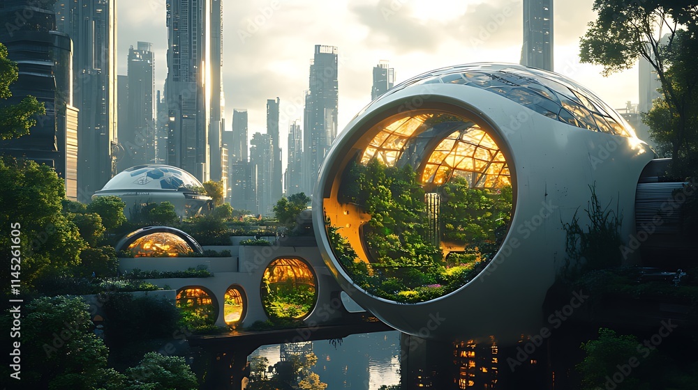 Futuristic city with biodome architecture, showcasing sustainable urban ...