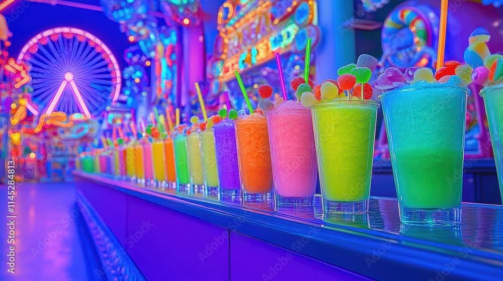 A line of colorful slushies in tall transparent cups, each with a ...