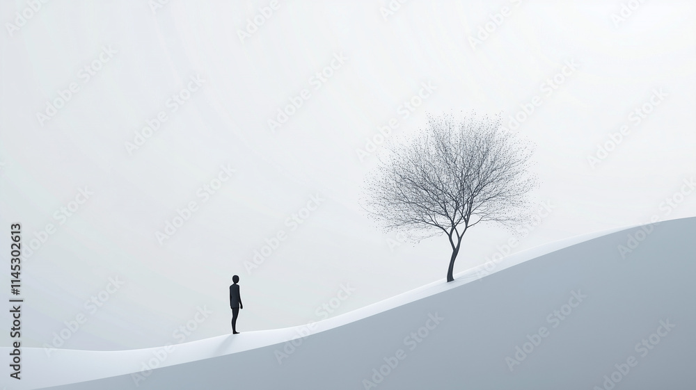Minimalist tiny distant girl in alone on a simple white hill standing ...