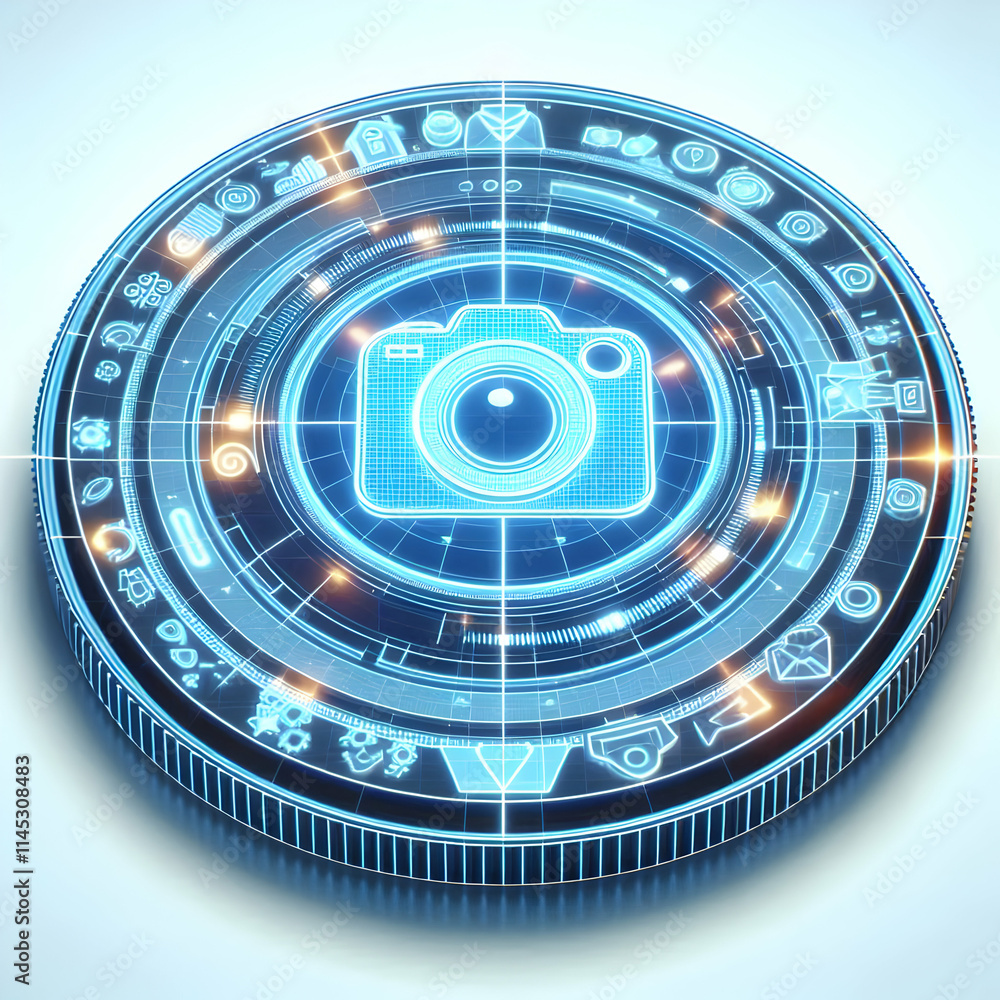 Futuristic 3D Holographic Campaign Button Interface Close Up Zoom Out ...