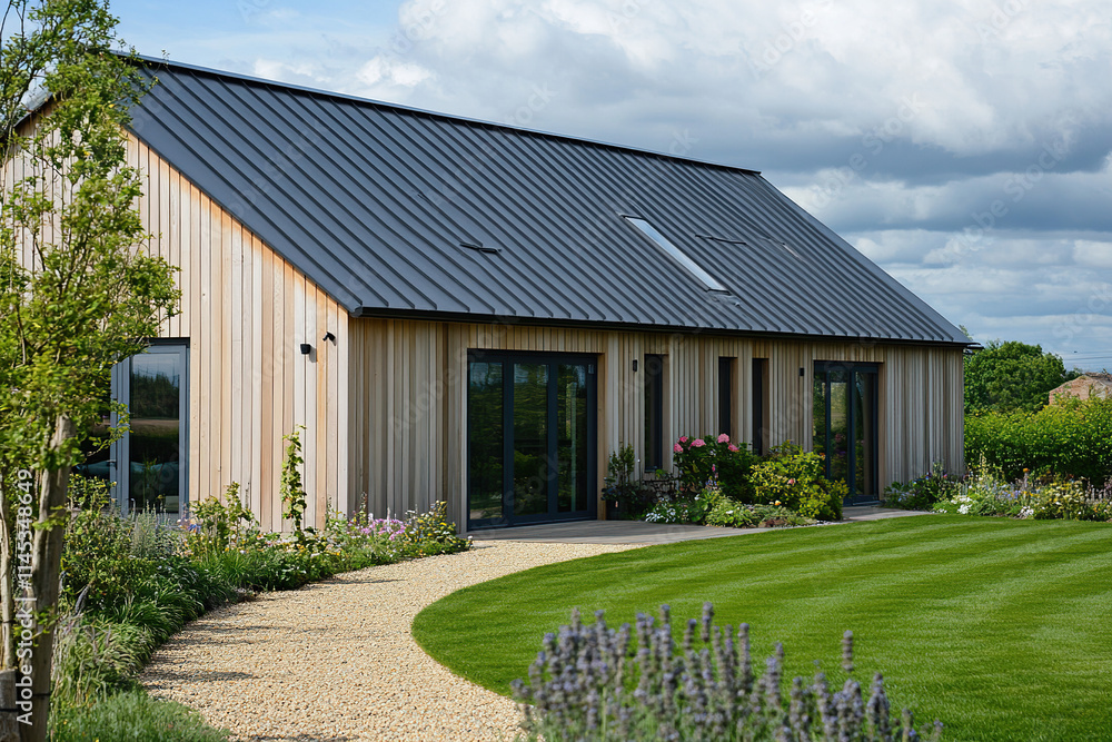 A modern barn-style house with a gable roof, light wood cladding, and ...