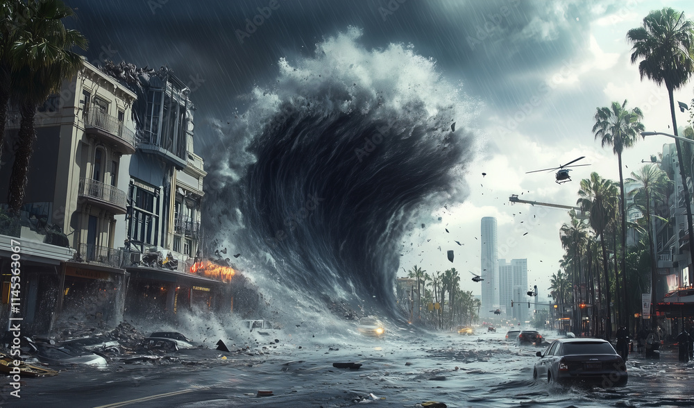 A devastating tsunami in the city center. A huge tsunami wave hits the ...