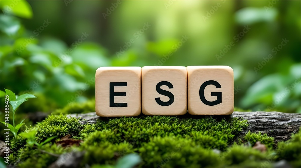 ESG Wooden Blocks Resting on Mossy Log in Lush Green Forest ...