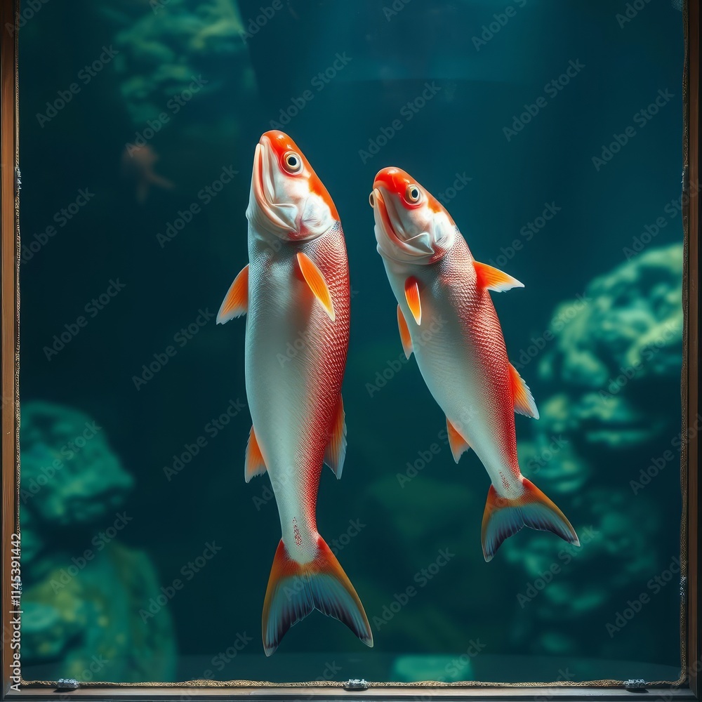 Two salmon climbing up a fish ladder through the window of an aquarium ...