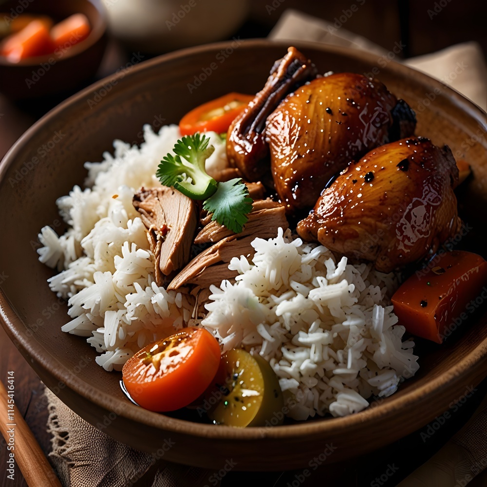 Filipino Adobo Chicken Served with Steamed Rice Stock Photo | Adobe Stock