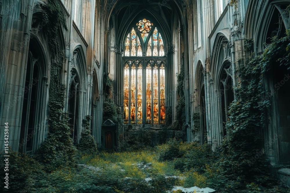 Exploring the enigmatic ruins of a gothic cathedral with stained glass ...