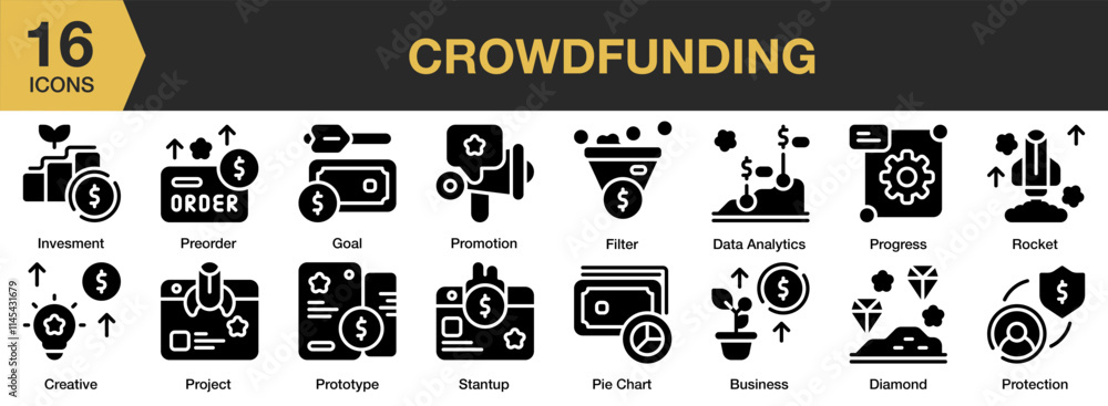 Crowdfunding solid icon set. Includes strategy, donation, success ...