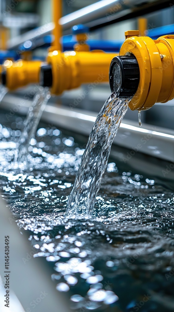Water flows from industrial pipes into a tank, showcasing a water ...