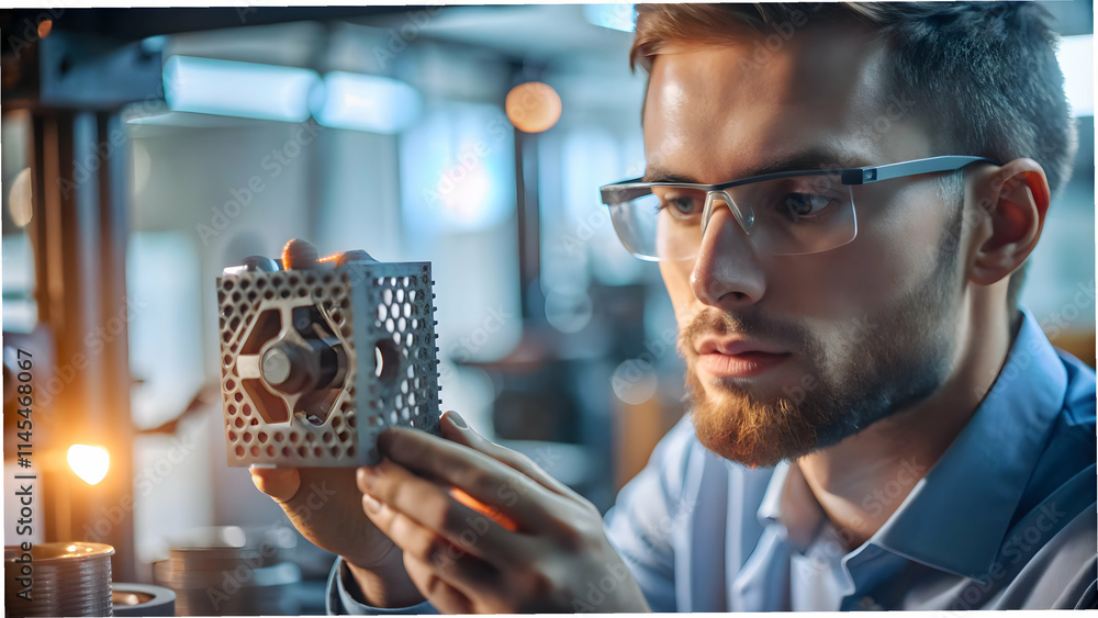 Macro shot of engineer inspecting 3D printed part with copy space ...