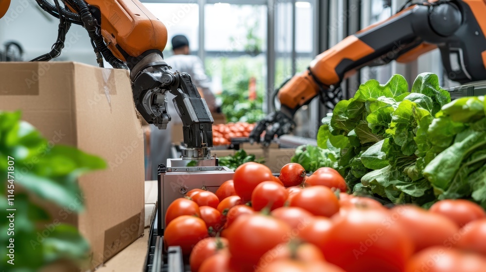 An automated food production facility where robotic arms package fresh ...
