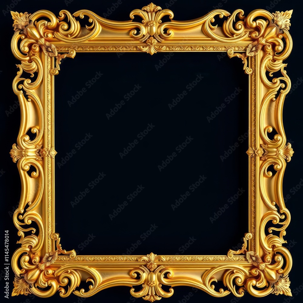 Golden shiny vintage rococo style decorated empty frame isolated on ...
