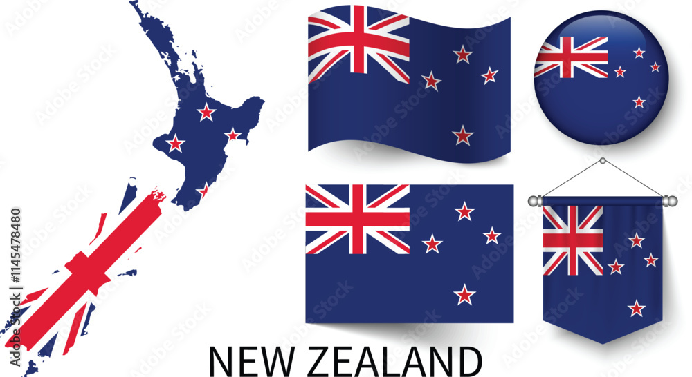 The different designs of New Zealand's national flags and the map ...