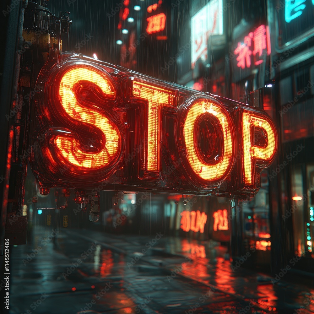 Glowing STOP sign in a rainy cyberpunk city street at night. Stock ...