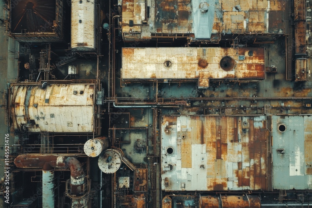 Aerial view of a rusting industrial complex abandoned site drone ...