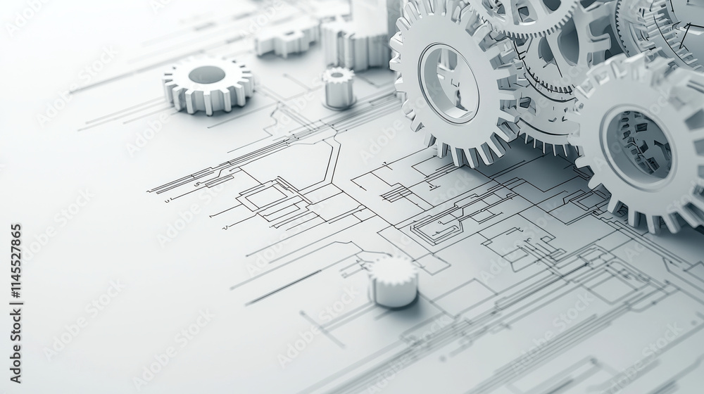 Abstract composition of tech circuits and cogwheels on blueprint ...