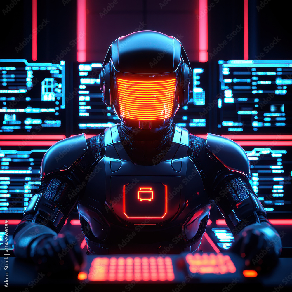 Scammer crime online concept. Scammer operating an AI bot network, surrounded by holographic ...