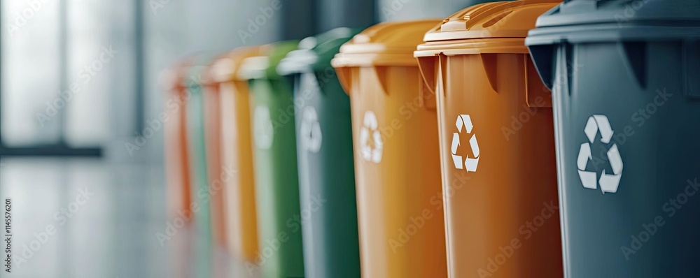 Net zero sustainability concept. Colorful recycling bins organized in a ...