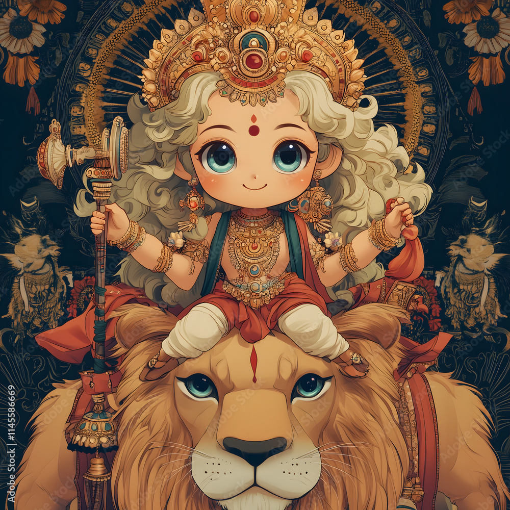 Cute Chibi Character of The Goddess Durga Riding on Top of Her Lion ...