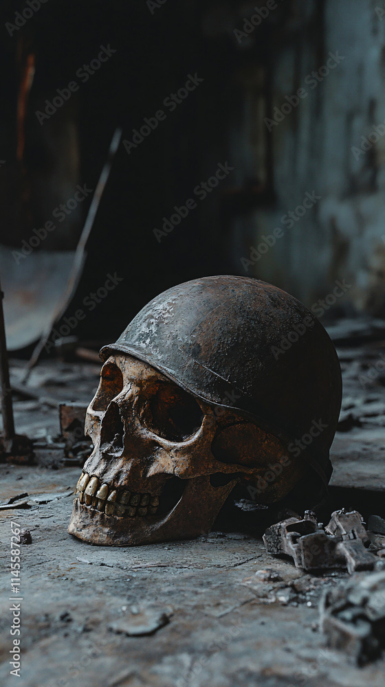 Abandoned industrial factory human skull helmet lying ruins eerie ...