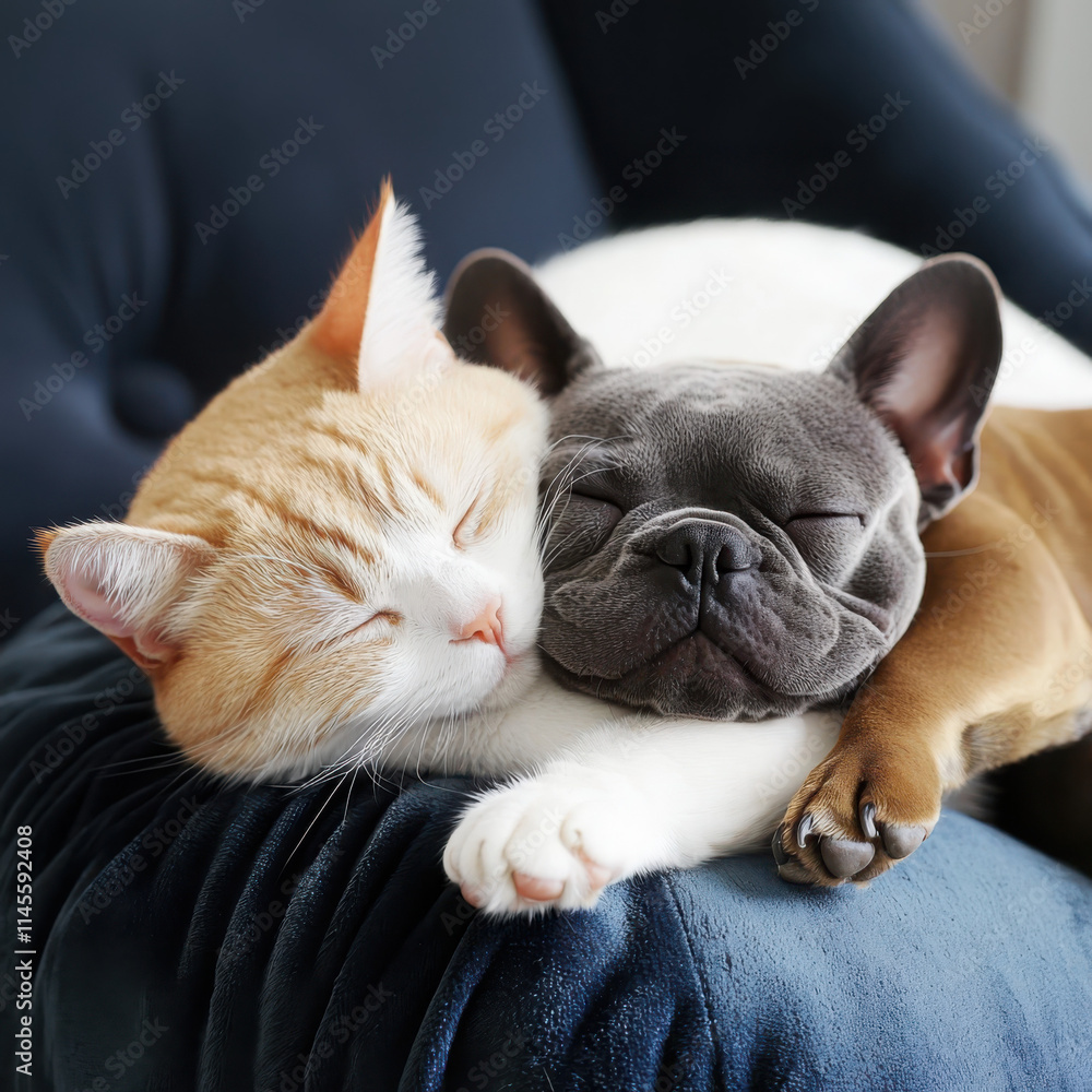 British shorthair cat and french bulldog sleeping together on elegant ...