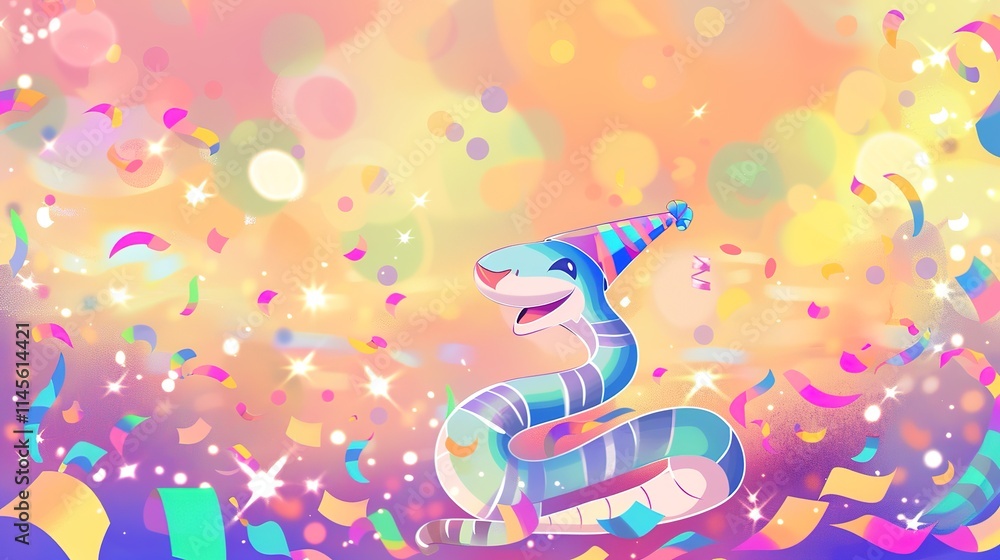 Cheerful Cartoon Snake in Party Hat and Bow Tie Dancing in Confetti ...