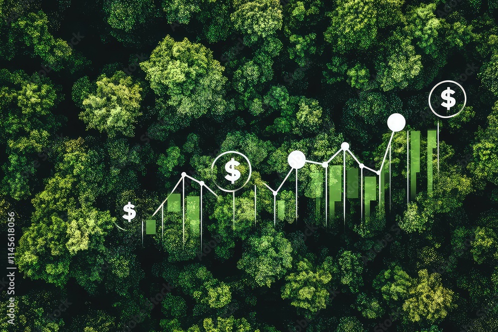 A digital concept image showing an aerial view of a green forest, with ...