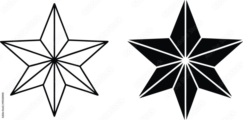 Two eight pointed stars one outlined, one filled black. Simple ...