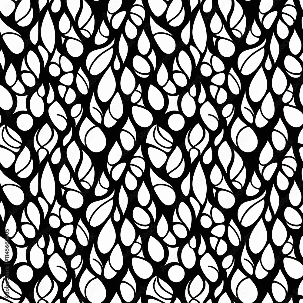 Seamless abstract black and white pattern with teardrop and leaf shapes ...