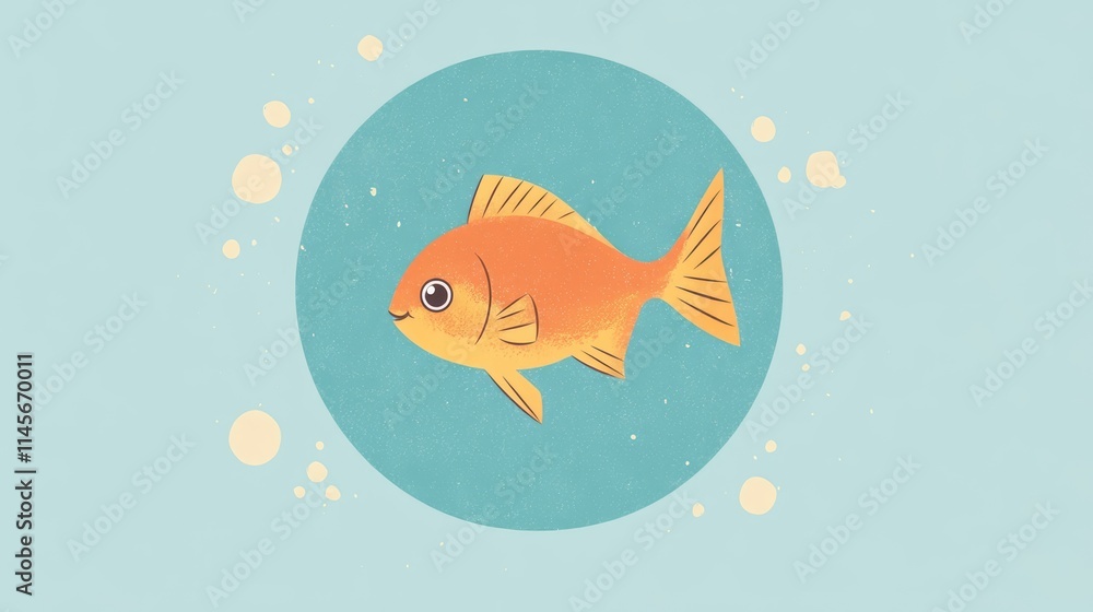 Cute cartoon illustration of a small orange fish swimming in a circular ...