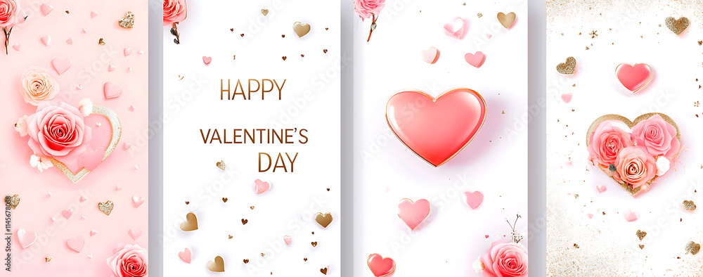 Four Valentine's Day cards with heart-shaped roses and gold accents ...