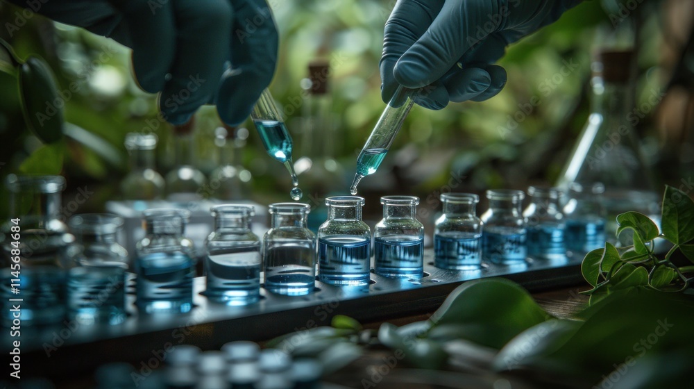 Scientists conducting biotechnology experiment in laboratory: analyzing molecule model and ...