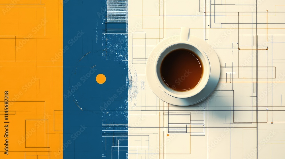 Coffee cup on architectural blueprints and floor plans with a multi ...