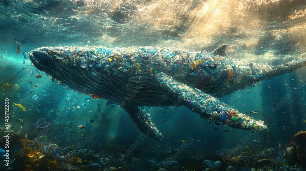 Ilustración de Stock Whale covered in plastic waste underwater ...