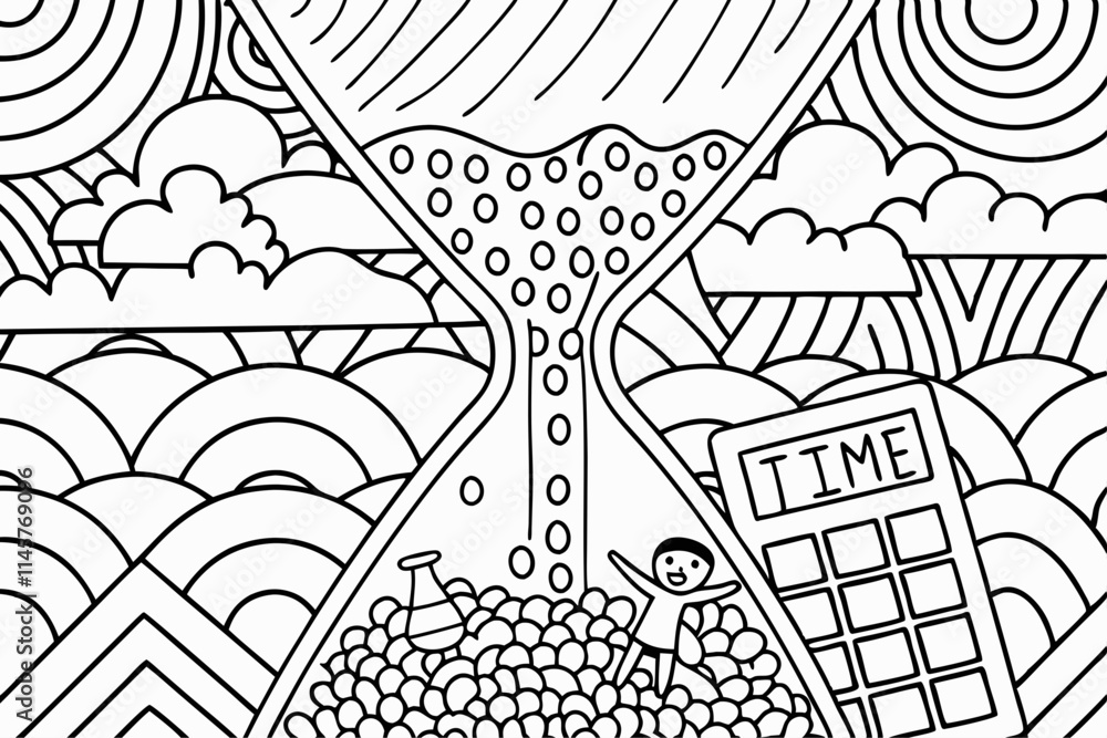 Time Management Concept: Hourglass, Calculator, and Patterns in Black ...