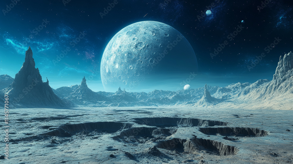 Space background with landscape of alien planet with craters and cracks ...