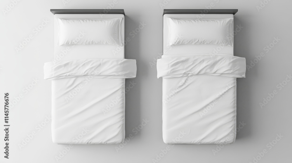 Single and double beds with white sheet, pillows and duvet top view ...