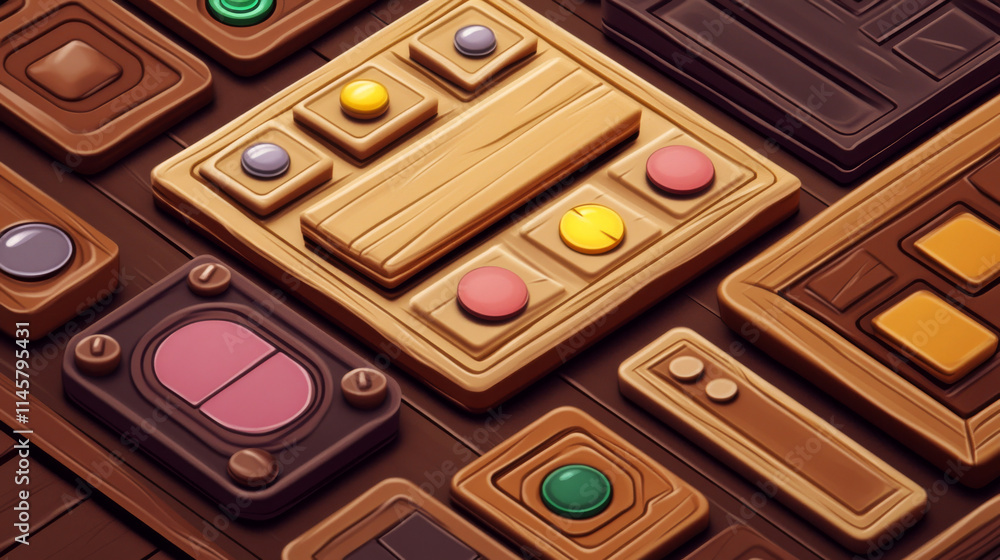 Wooden game ui design elements - buttons and boards for menu interface ...