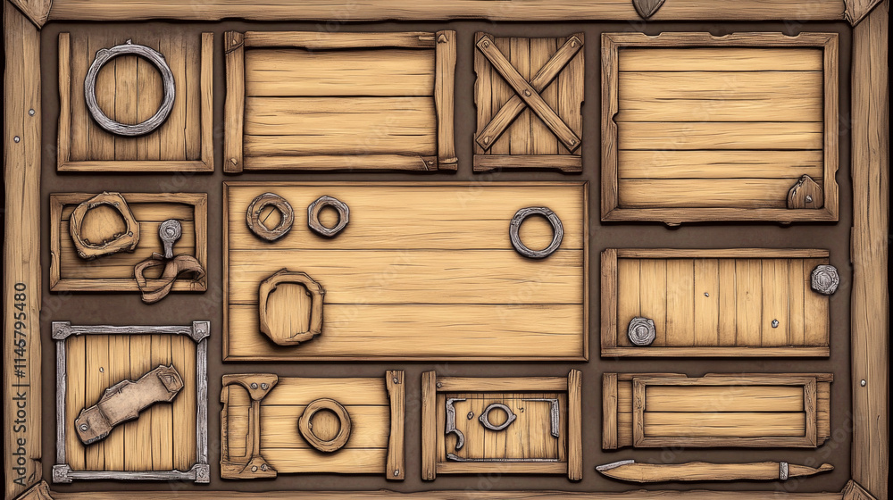 Wooden game ui design elements - buttons and boards for menu interface ...