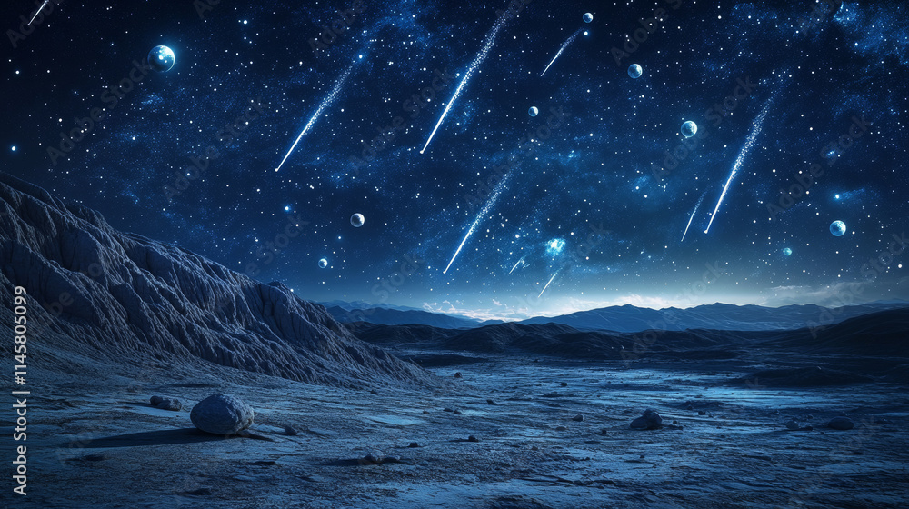 Alien planet landscape, night Mars surface with meteorites and spheres ...