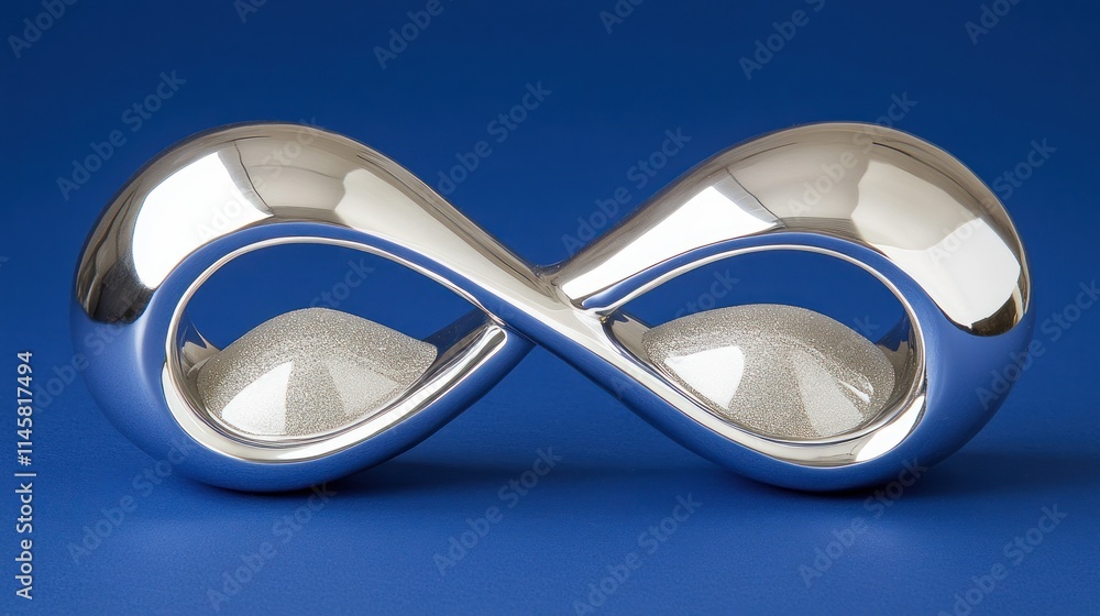 Polished silver infinity symbol sculpture with white sand inside, on ...
