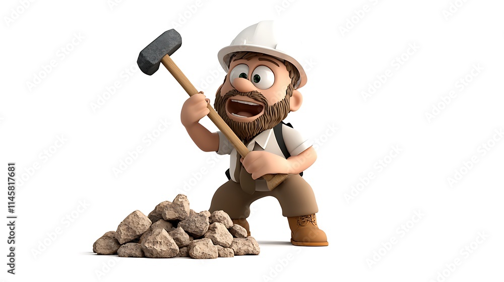 Cartoon Geologist with Hammer Rocks Mining Exploration Construction 3D ...