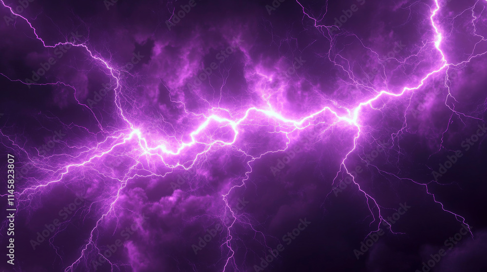 Lightnings, purple thunderbolt strikes at night. Electric impact ...